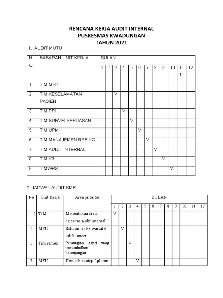 Rencana Kerja Audit Internal Puskesmas 2021 | PDF