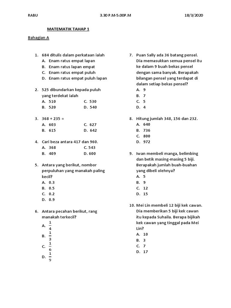 MATH TAHAP 1 (Objektif) | PDF