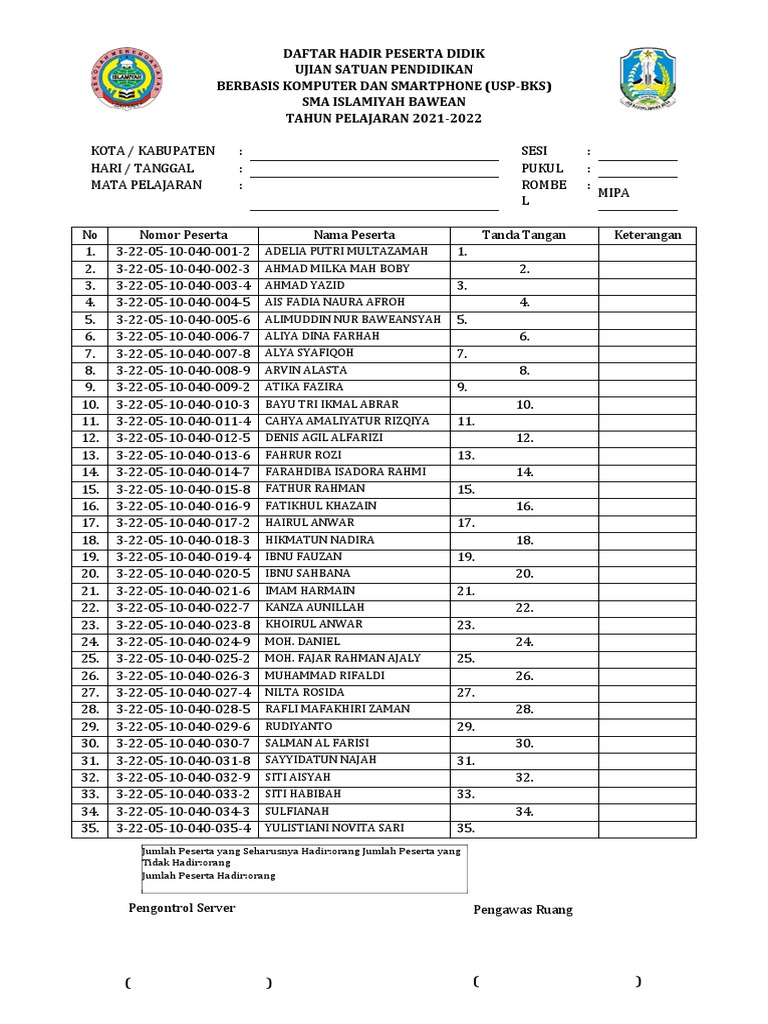Daftar Hadir Peserta Usp Bks Sma 2022 | PDF