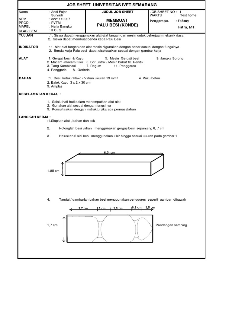 Job Sheet Membuat Palu Besi | PDF