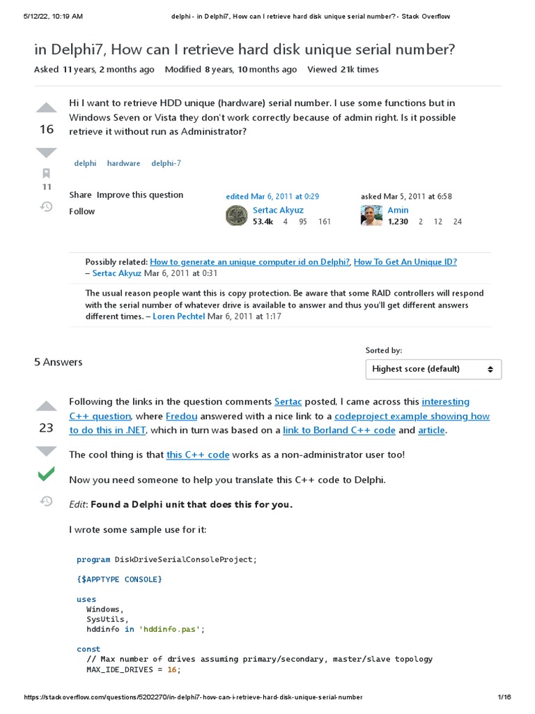 Delphi In Delphi7 How Can I Retrieve Hard Disk Unique Serial Number Stack Overflow Pdf 