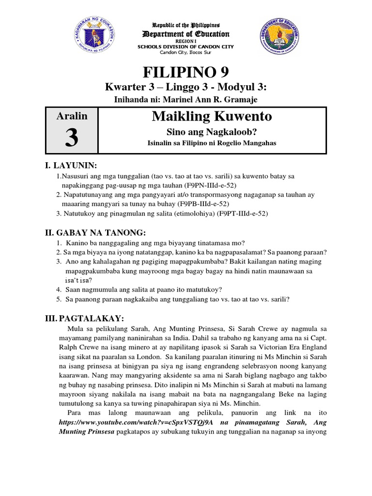 Filipino 9 - Q3 - W3 - M3 - LDS - Maikling-Kuwento - RTP | PDF