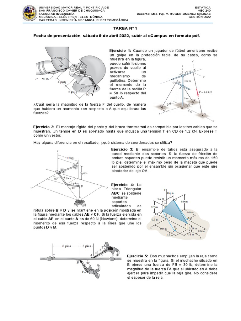 Tarea 1 Estatica MEC 240 | PDF | Fuerza | Fricción