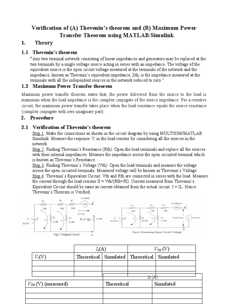 Verification of (A) Thevenin's Theorem and (B) Maximum Power Transfer Theorem Using MATLAB ...