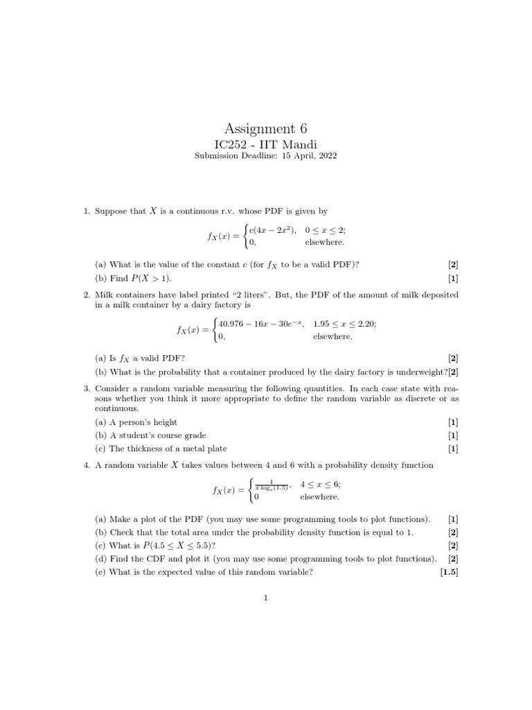 Assignment 6: IC252 - IIT Mandi | PDF | Probability Density Function | Random Variable