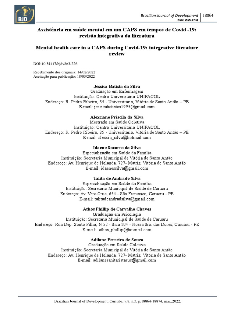 Assistência em Saúde Mental em Um CAPS em Tempos de Covid - 19 Revisão ...