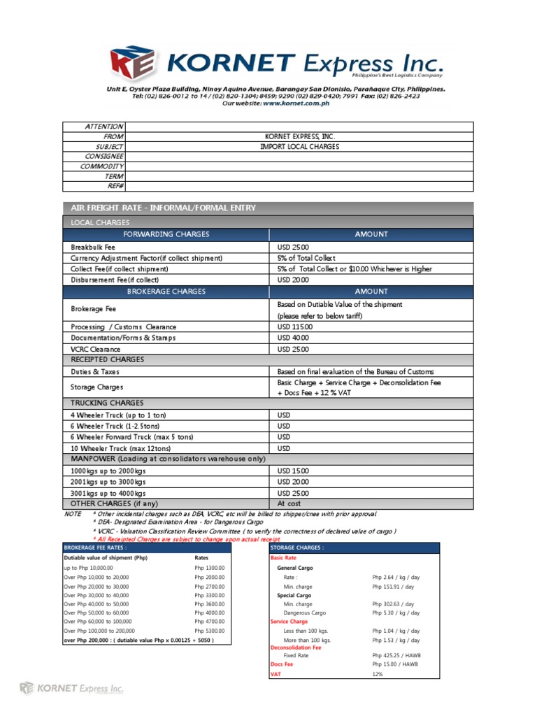 Air Freight Rate - Informal/Formal Entry: Forwarding Charges Amount ...