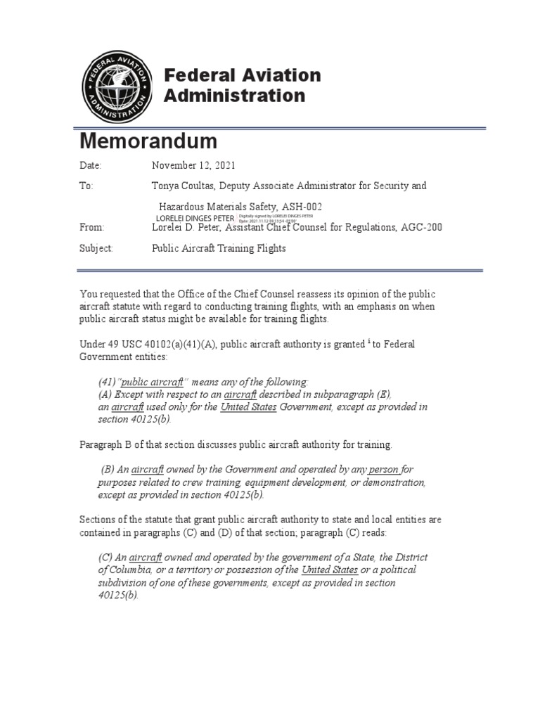 FAA Legal Interpretation - Can Now Do Training Flights Under COA | PDF ...