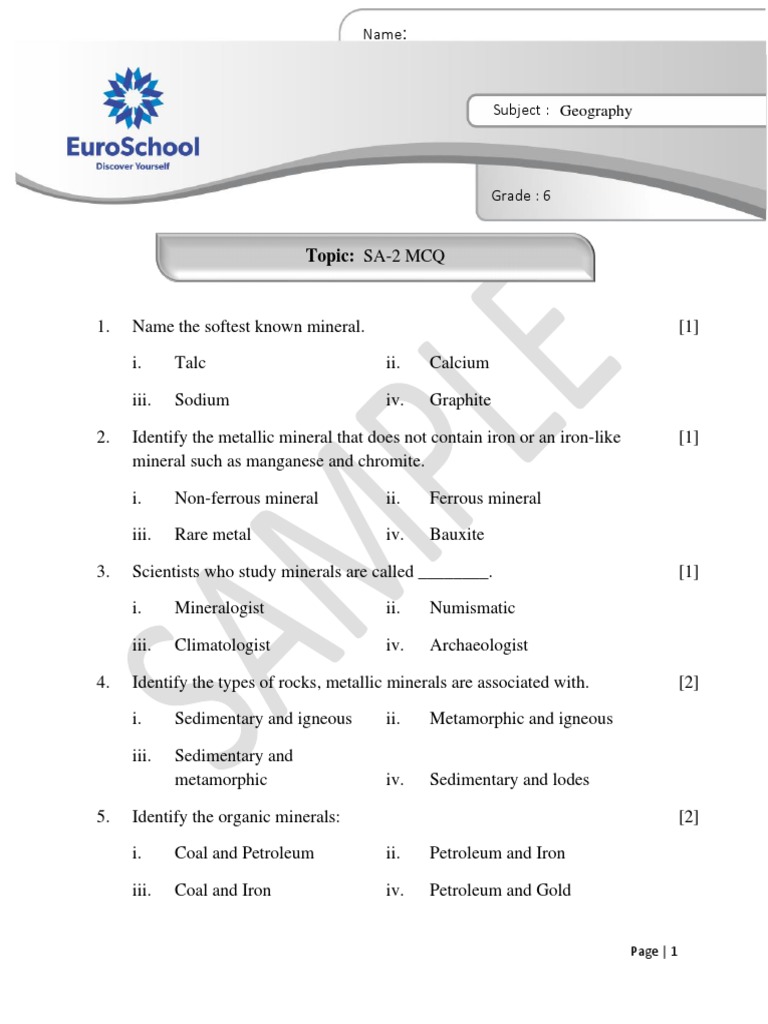 Topic: SA-2 MCQ: Name | PDF | Minerals | North America