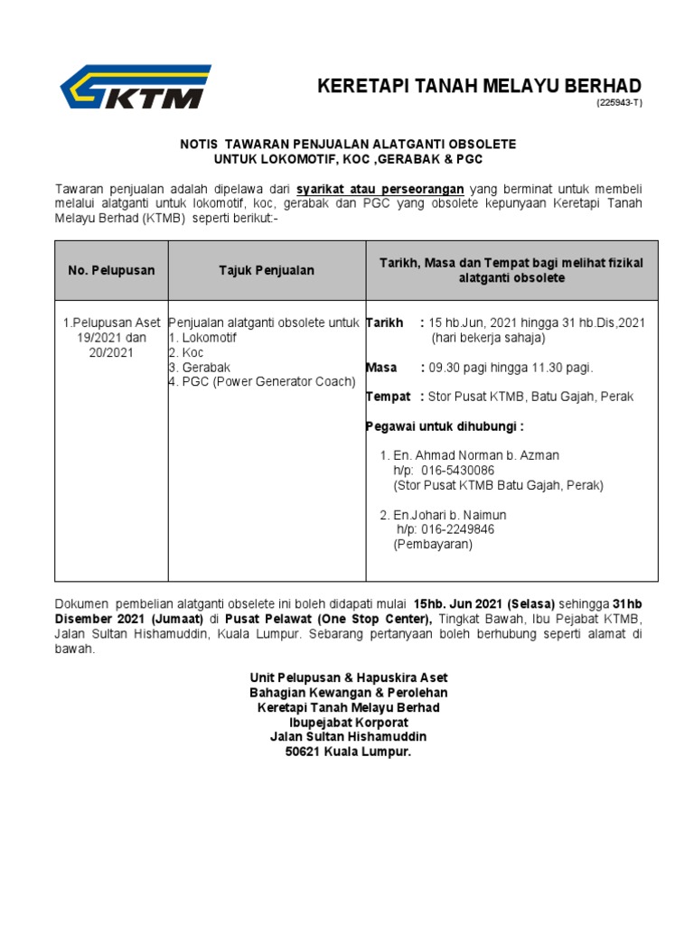 Notis Penjualan Alatganti Obsolete Untuk Lokomotif, Koc, Gerabak Dan ...