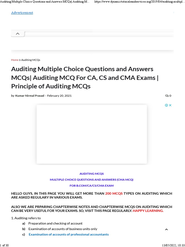 Auditing Multiple Choice Questions and Answers MCQs Auditing MCQ For CA, CS and CMA Exams ...