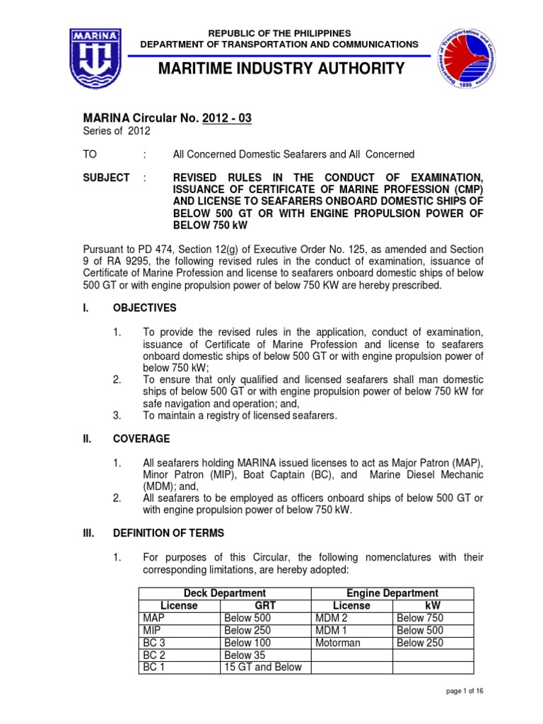 Maritime Industry Authority: MARINA Circular No. 2012 - 03 | Download ...