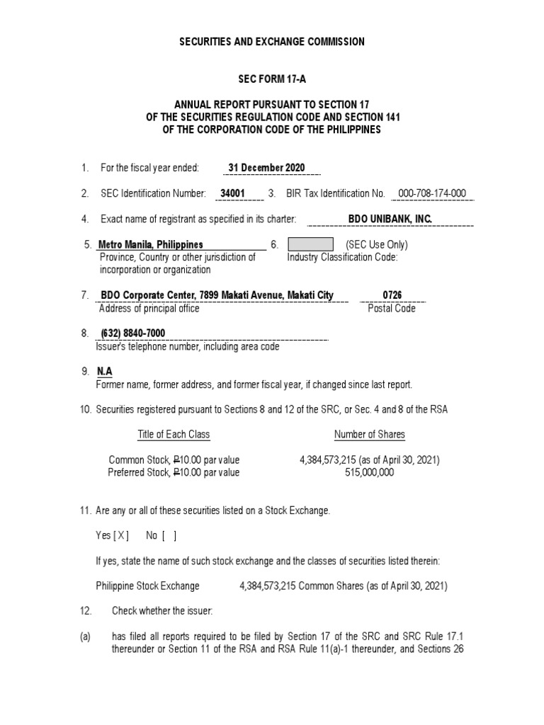 BDO - Annual Report (17A) For 2020 (May 14, 2021) | PDF | Banking ...
