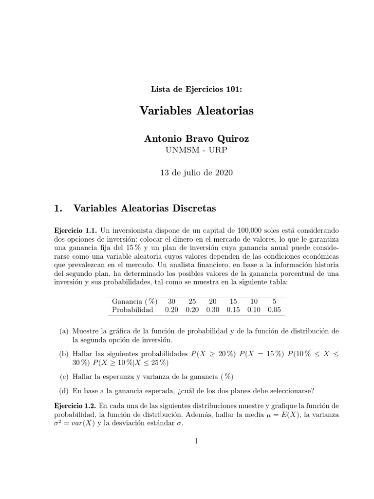 Ejercicios de Variables Aleatorias | PDF | Diferencia | Variable aleatoria