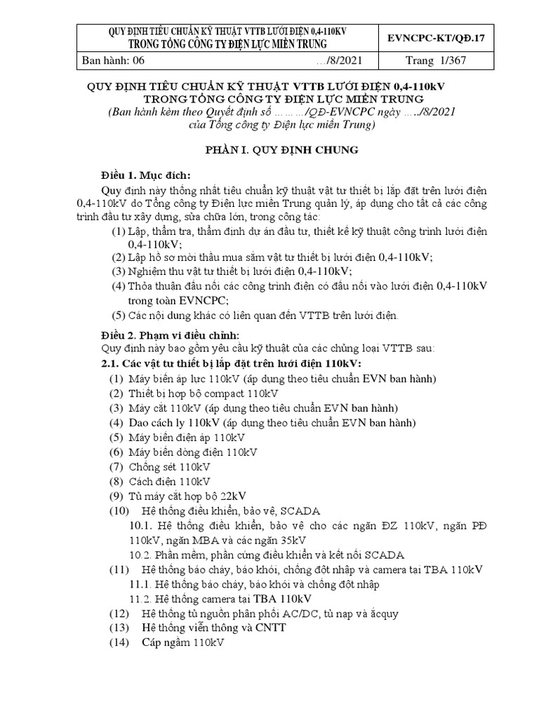 2021.08-Tc7109 - Tiêu Chuẩn Kt Vttb Lưới 0,4-110kv | PDF