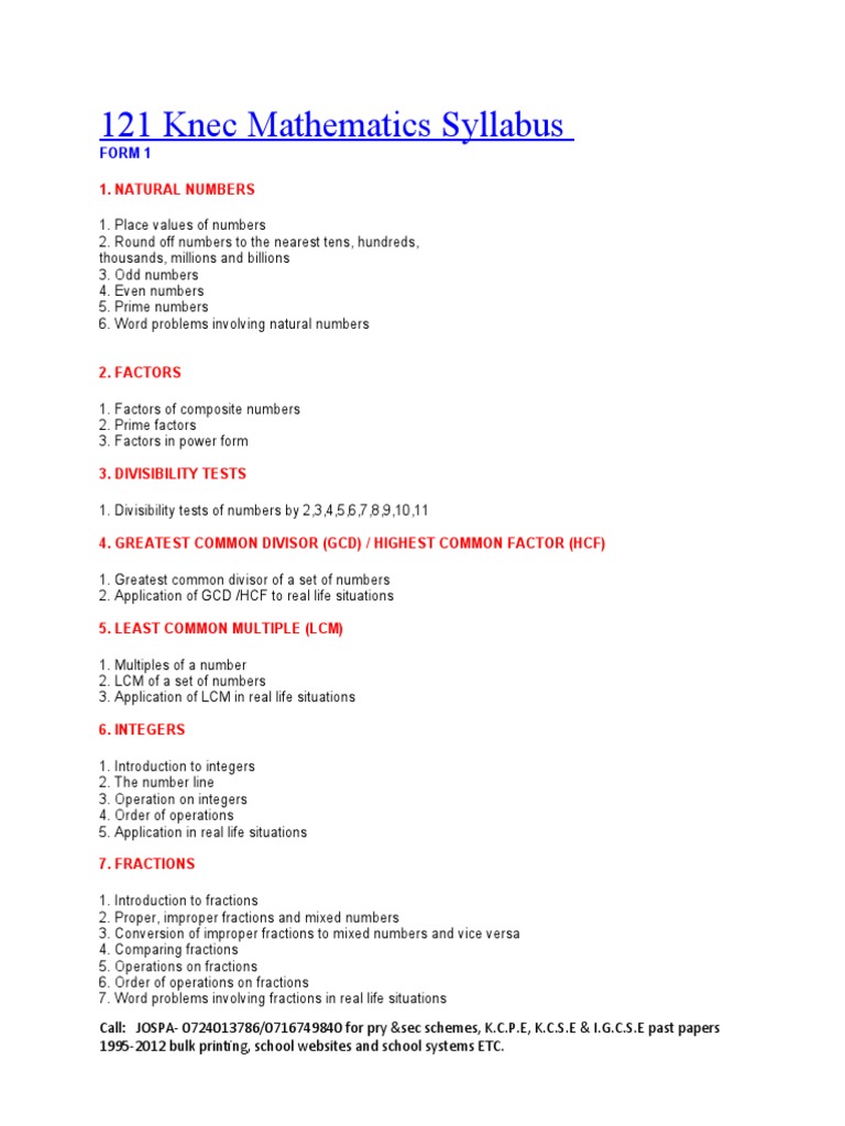 121 Knec Mathematics Syllabus | PDF | Trigonometric Functions | Quadratic Equation