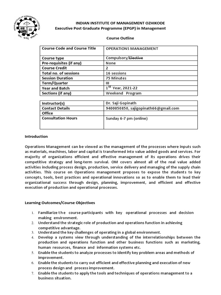 IIM OZHIKODE OPERATIONS MANAGEMENT COURSE OUTLINE | PDF | Operations ...