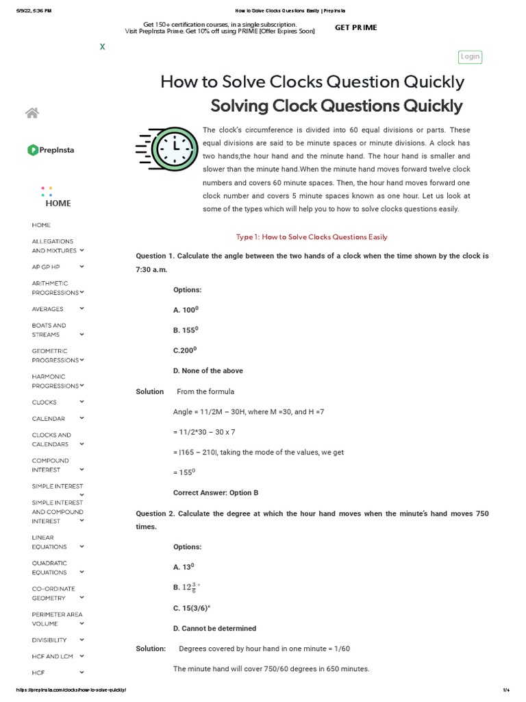 How to Solve Clocks Questions Easily _ PrepInsta | PDF | Geometry ...