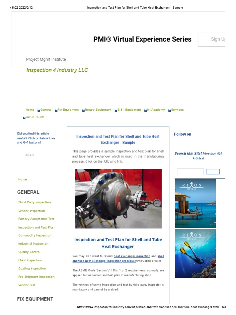 Inspection and Test Plan For Shell and Tube Heat Exchanger - Sample01 ...