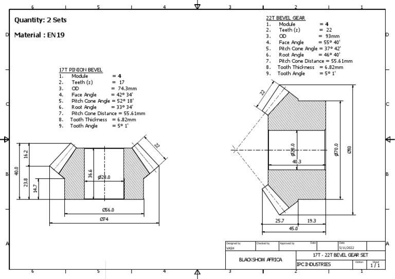 17T-22T Bevel Gear Set Specs | PDF | Gear | Kinematics