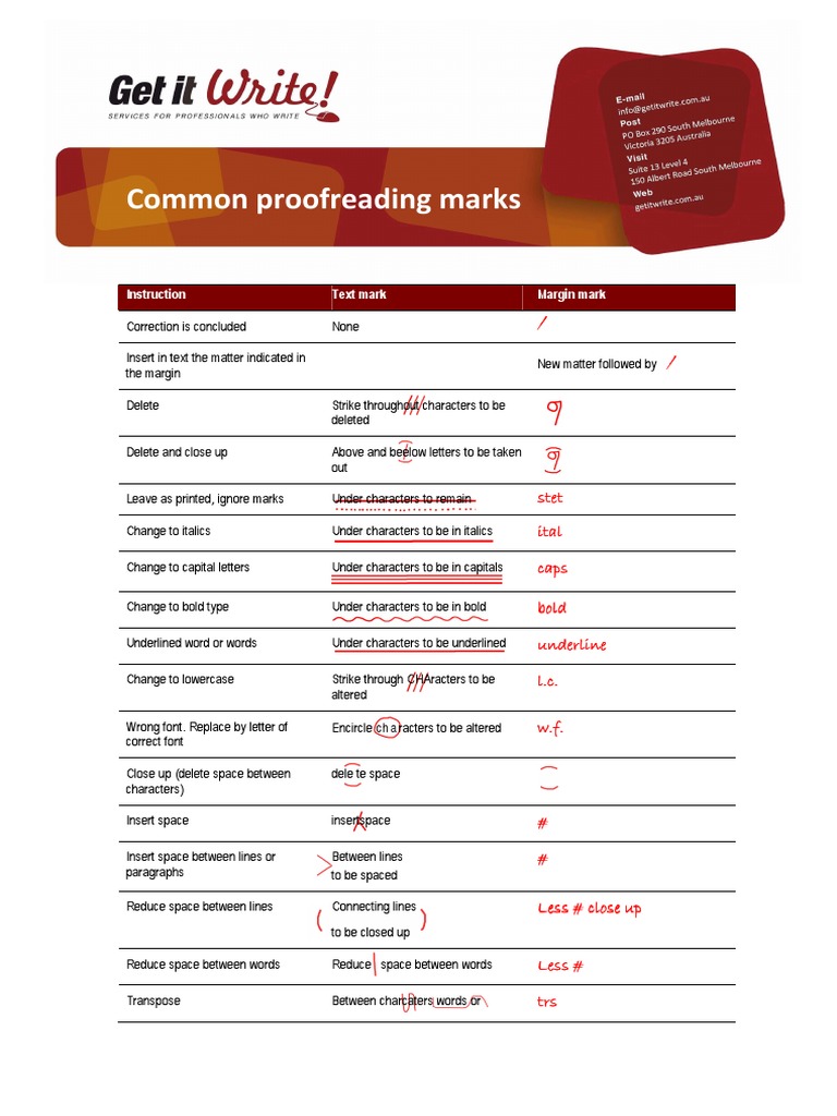 Common Proofreading Marks: Instruction Text Mark Margin Mark | PDF ...
