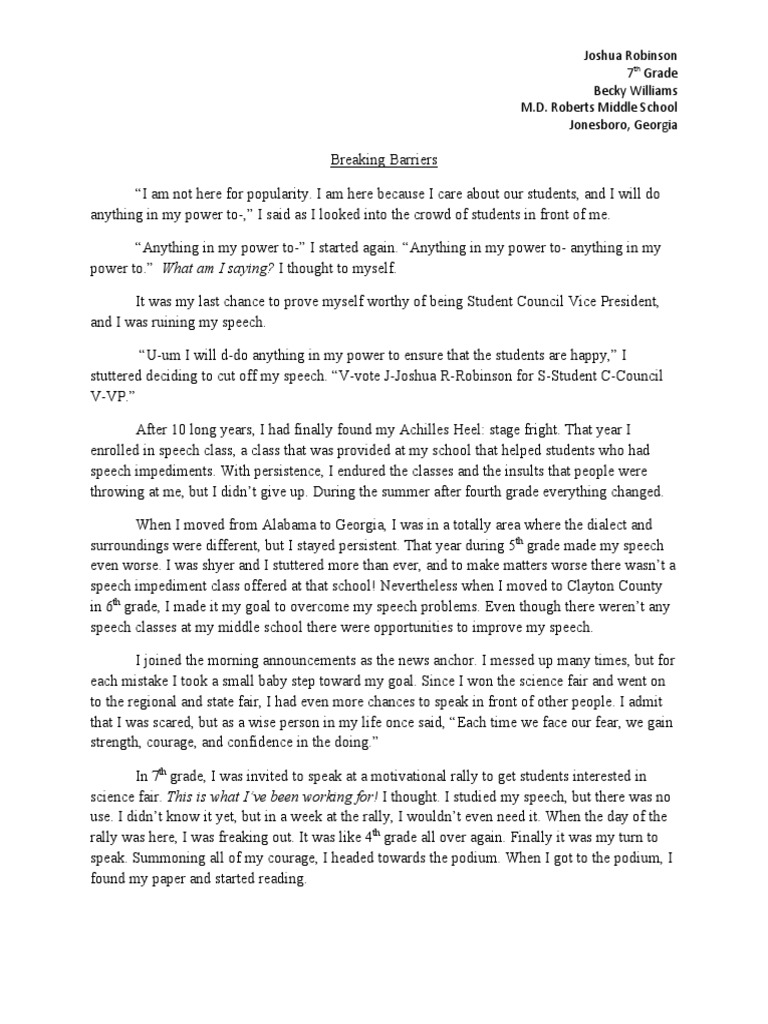 Joshua Robinson 7 Grade Becky Williams M.D. Roberts Middle School ...