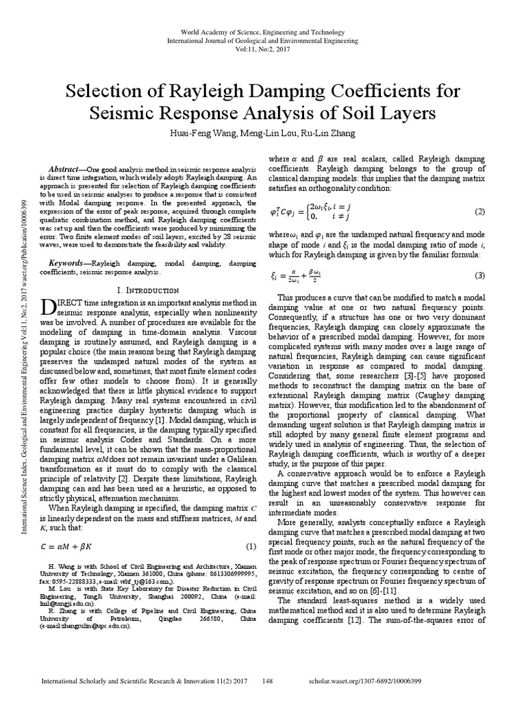 Selection of Rayleigh Damping Coefficients For Seismic Response Analysis of Soil Layers | PDF ...
