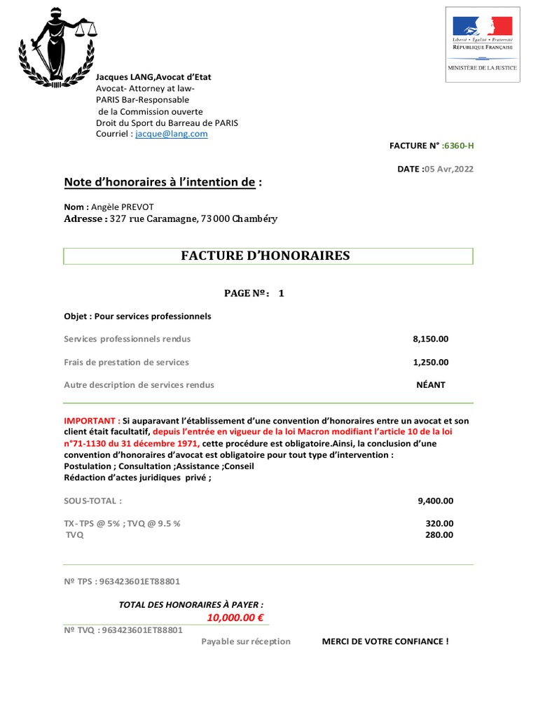 Facture D'honoraires Avocat Jacques Lang Paris | PDF | Avocat | Loi commune