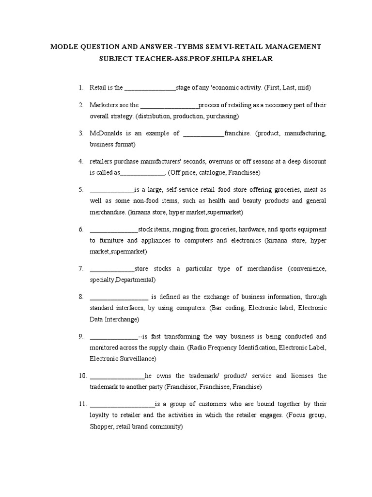 Retail Management MCQs and Answers | PDF | Retail | Franchising