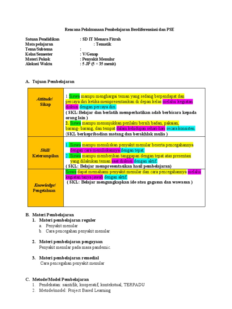 RPP Penyakit Menular Kelas V SD IT | PDF | Karier & Perkembangan