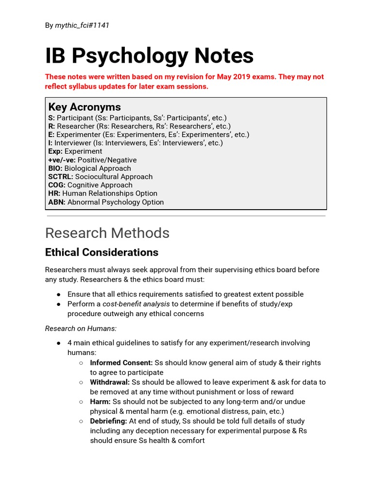 IB Psychology HL Notes (Incl. Human Reltn. & Abnormal Psych Options ...