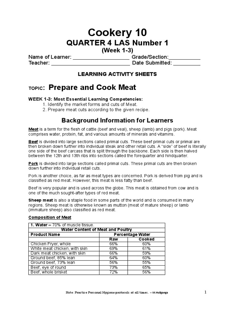 Cookery 10: Quarter 4 Las Number 1 | PDF | Beef | Lamb And Mutton