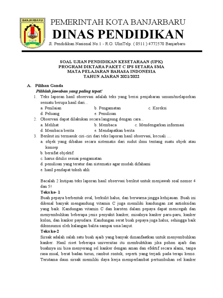 SOAL UPK Bahasa Indonesia | PDF