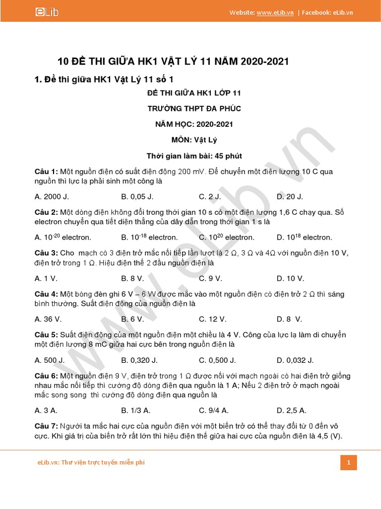 (123doc) - 10-De-Thi-Giua-Hk1-Vat-Ly-11-Nam-2020-2021-Co-Dap-An | PDF