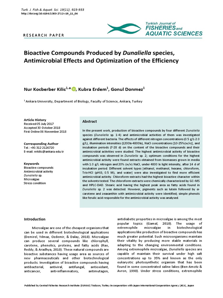 Bioactive Compounds Produced by Dunaliella Species, Antimicrobial ...