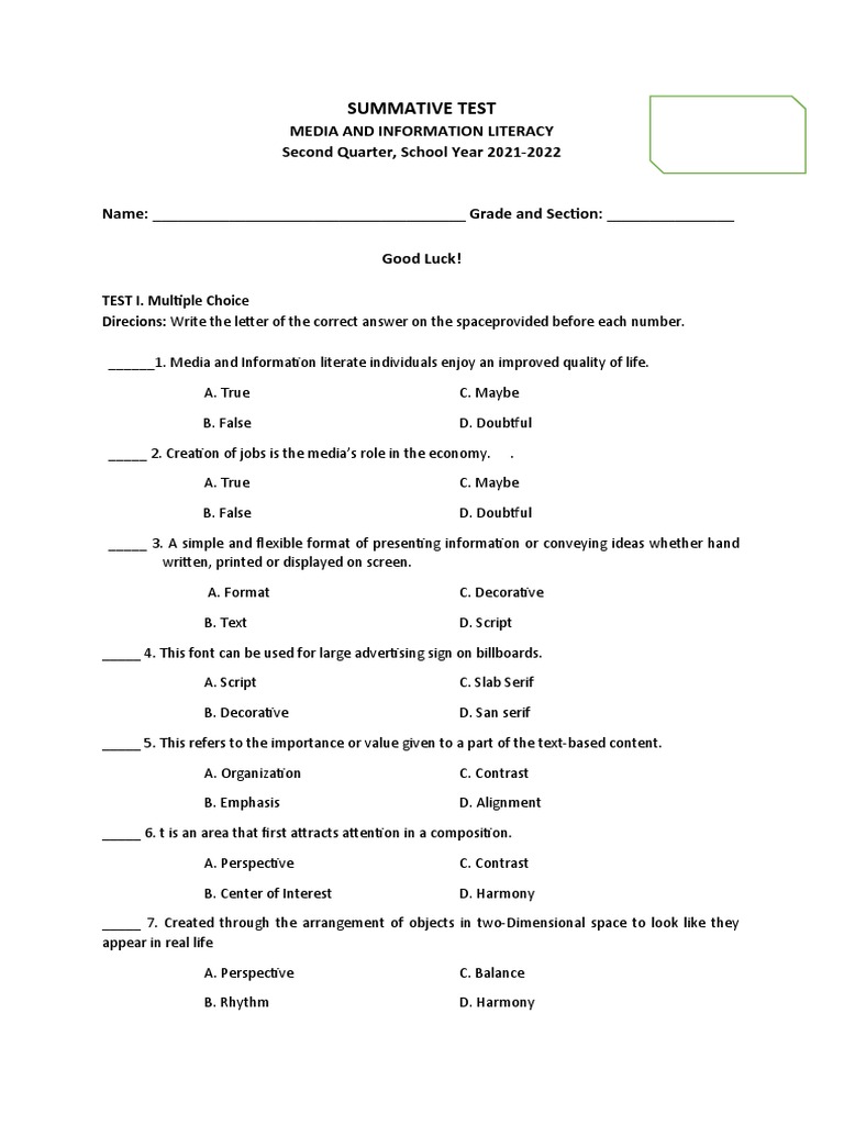 Student Media Literacy Test | PDF | Composition (Visual Arts) | Cognition