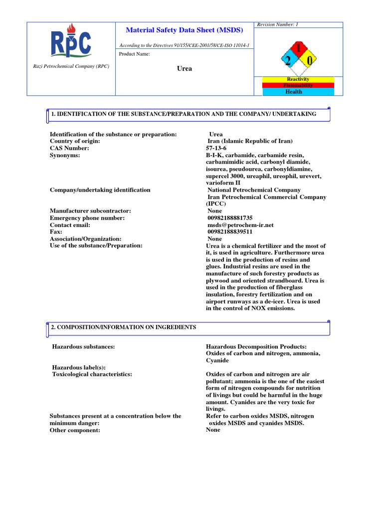 Material Safety Data Sheet (MSDS) : Health | PDF | Urea | Personal ...