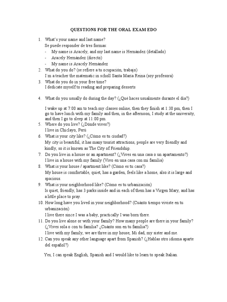 Questions For Oral Exam Edo Pre Intermediate | PDF | Foreign Language Studies