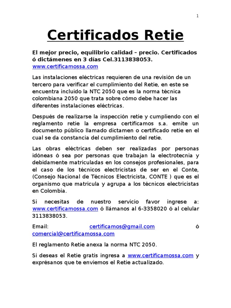 Certificados Retie | PDF