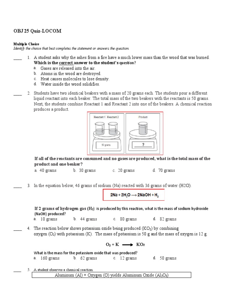 Conservation of Mass Quiz for Students | PDF | Periodic Table | Sodium ...
