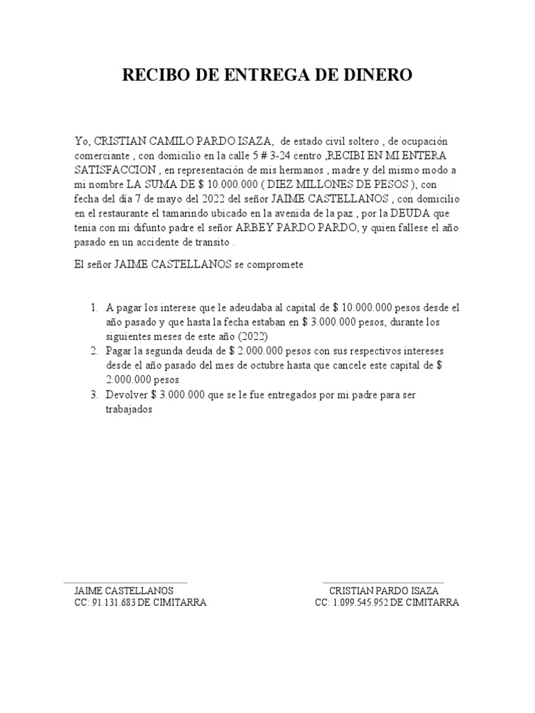 Recibo de Entrega de Dinero | PDF