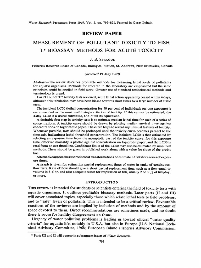 Review Paper Measurement of Pollutant Toxicity To Fish I. Bioassay ...