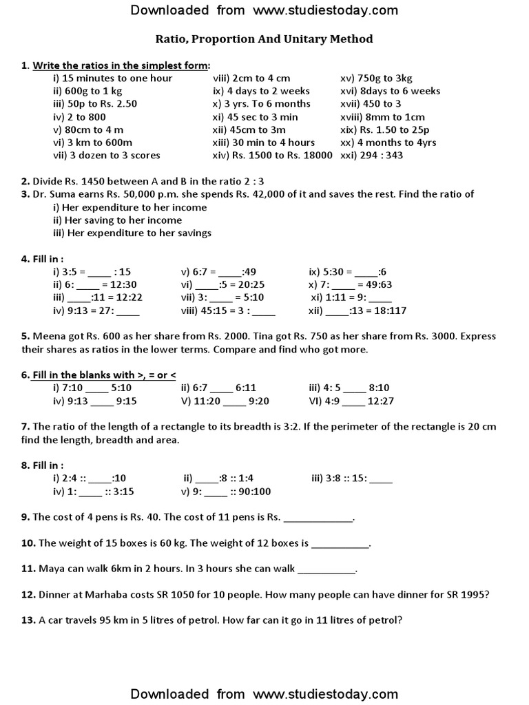 CBSE Class 6 Maths Ratio & Proportion Worksheet | PDF | Length ...