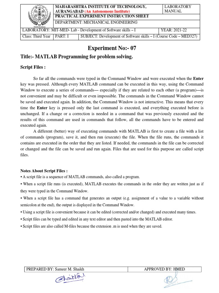 DOSS - I - Assignment No. 7 (MATLAB) | PDF | Control Flow | Matlab