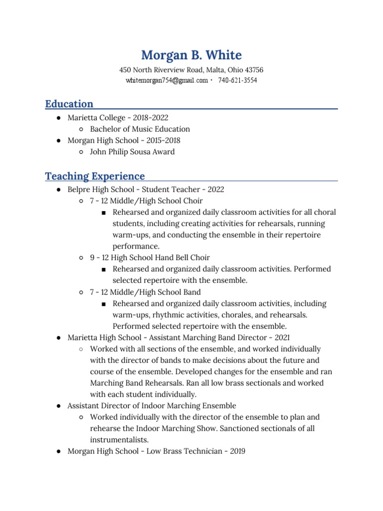 CV Morgan White - Resume | PDF | Trombone | Choir
