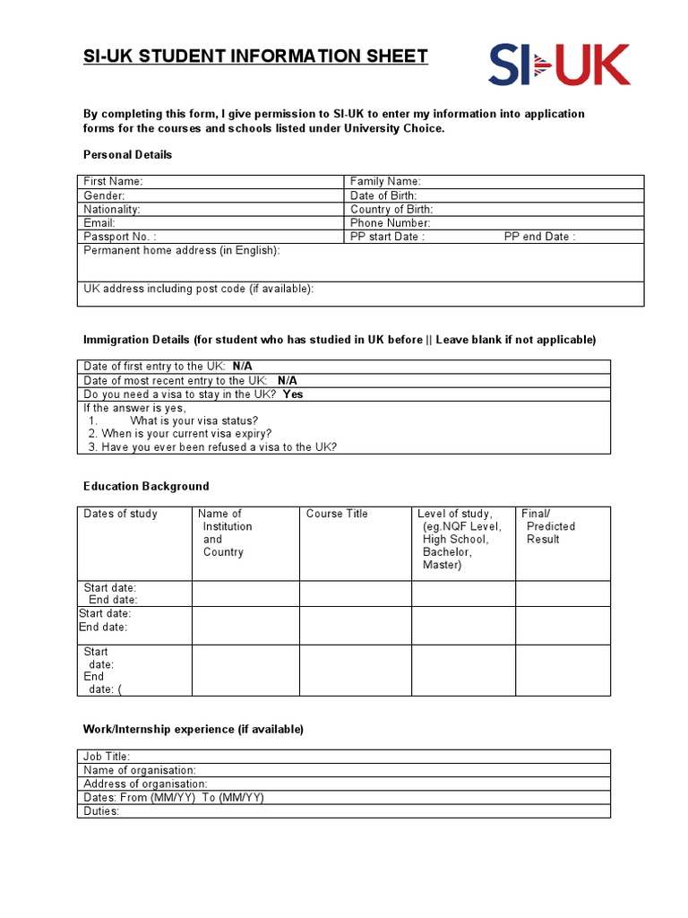 SI-UK Student Info Sheet | PDF | Travel Visa | International Law