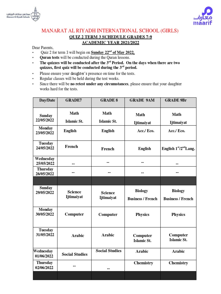 Quiz Schedule for Grades 7-12 | PDF