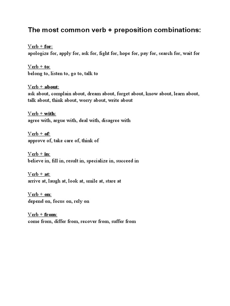 Verb + Preposition Combinations | PDF