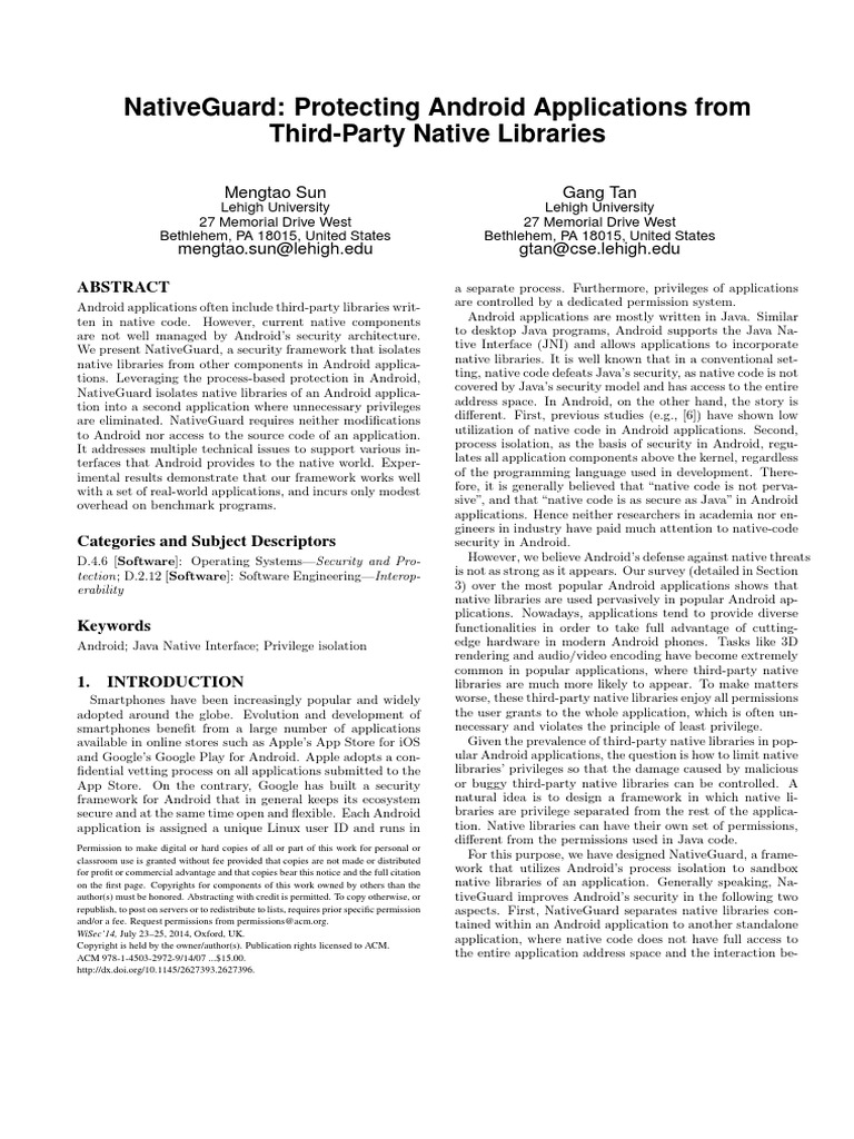 Nativeguard: Protecting Android Applications From Third-Party Native Libraries | PDF | Android ...