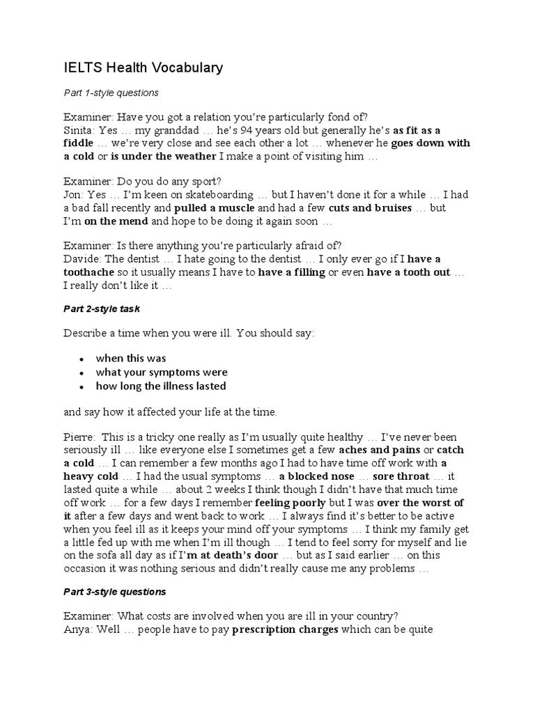 IELTS Health Vocabulary: Part 1-Style Questions | PDF | Physical ...